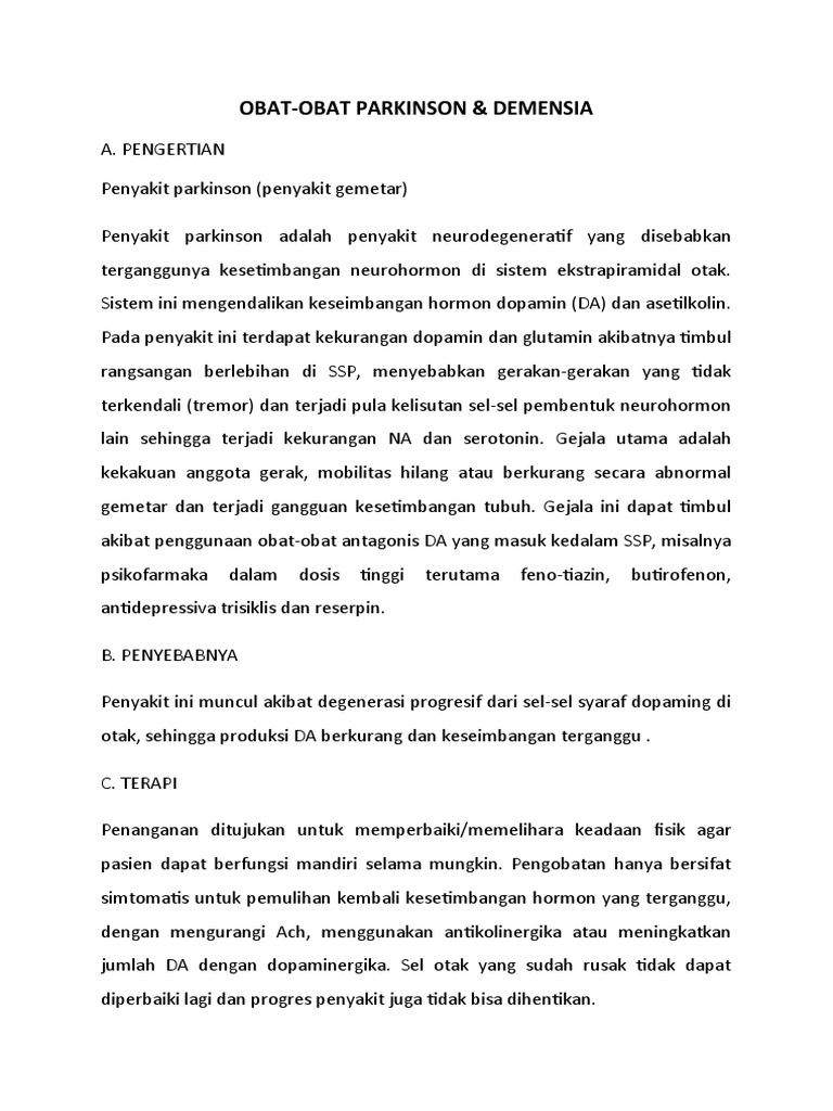 Obat Parkinson dan Demensia: Panduan Terapi | PDF