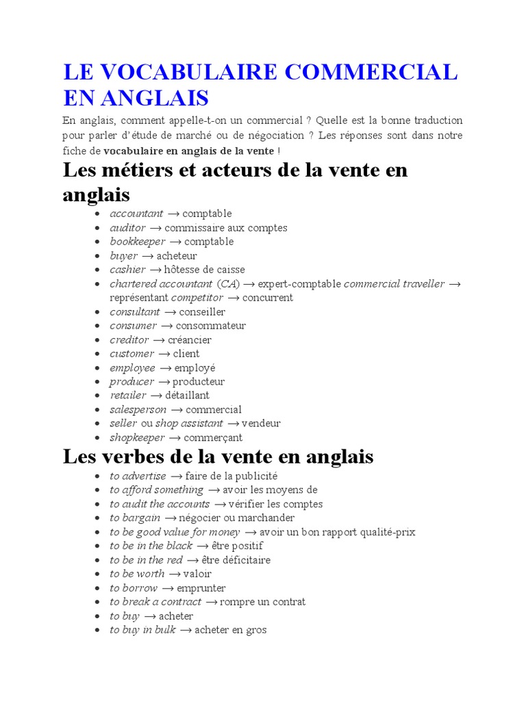 Vocabulaire Commercial en Anglais | PDF | Sodles | Commerce électronique
