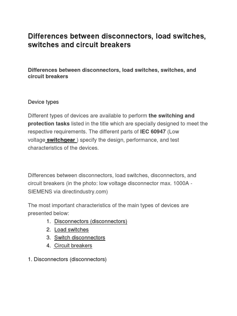 Differences Between Disconnectors, Load Switches, Switches and Circuit Breakers | PDF | Switch ...