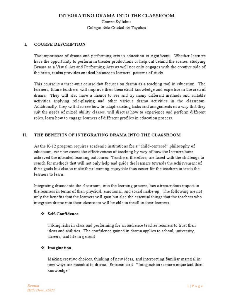 Drama Course Syllabus | PDF | Teachers | Learning