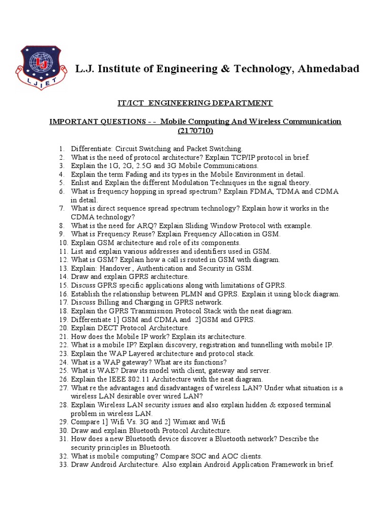 LJIET Ahmedabad Mobile Computing & Wireless Communication Questions ...