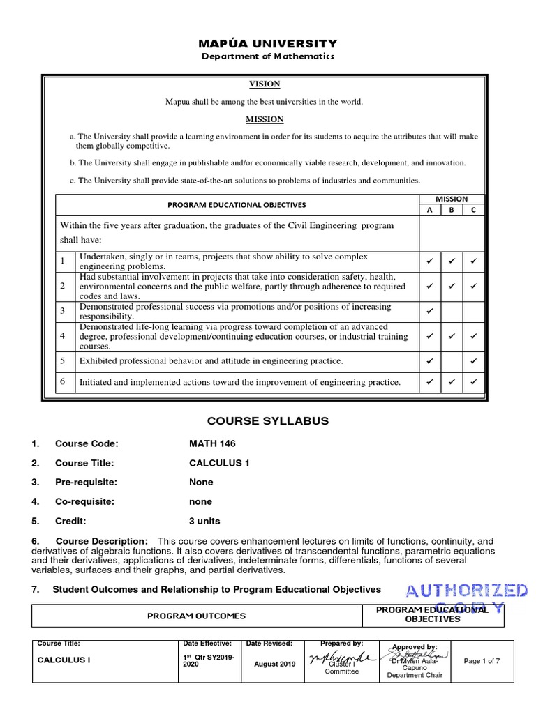 Aug2019 Math146 Syllabus CE | PDF | Derivative | Function (Mathematics) Aug2019 Math146 Syllabus CE | PDF | Derivative | Function (Mathematics)