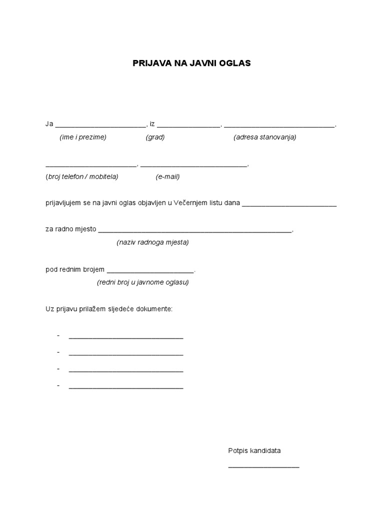 Prijava Na Javni Oglas 2 | PDF