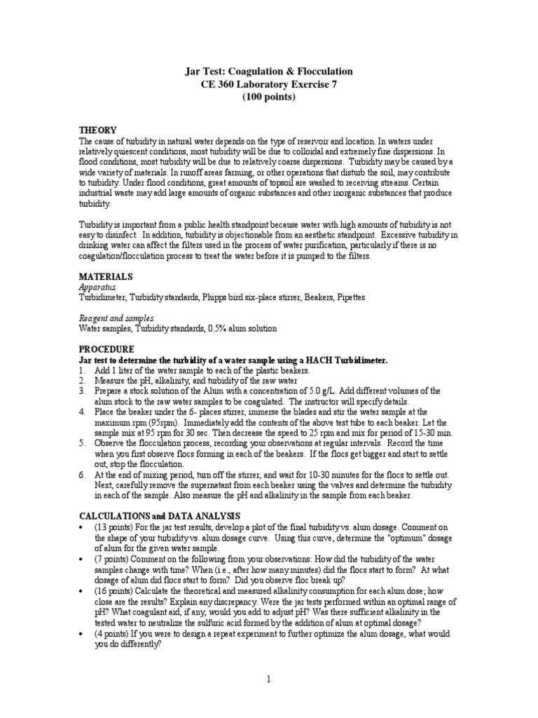 Jar Test: Coagulation & Flocculation CE 360 Laboratory Exercise 7 (100 ...