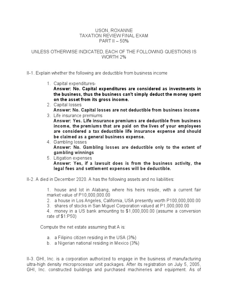 Taxation Review Exam Questions and Answers | PDF | Taxpayer | Capital ...