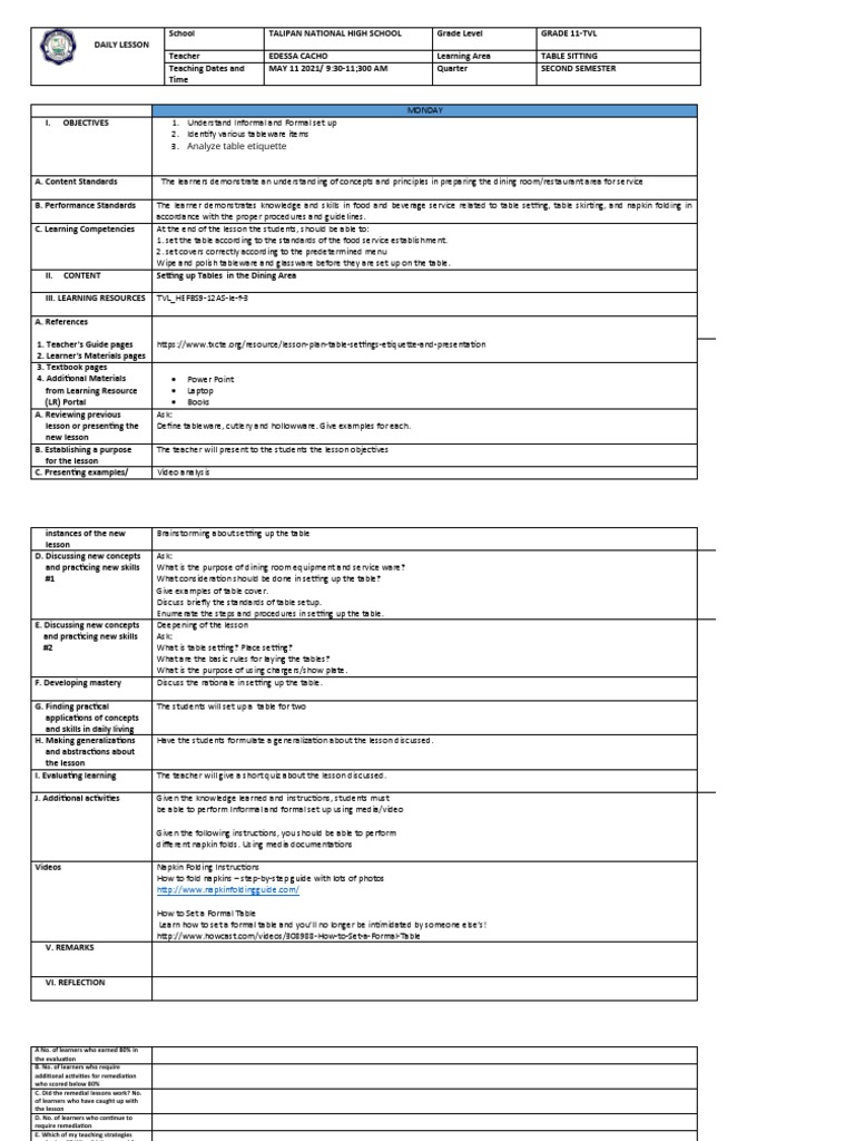 Lesson Plan | PDF | Tableware | Restaurants