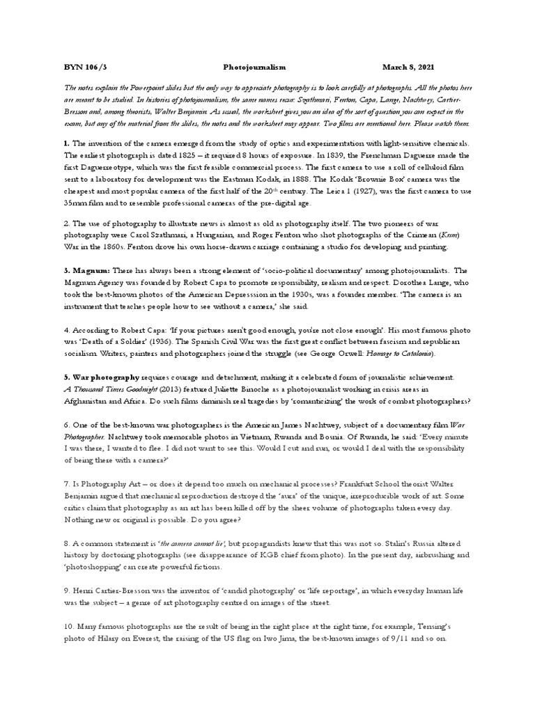 Photojournalism-Notes | PDF | Photograph | Imaging