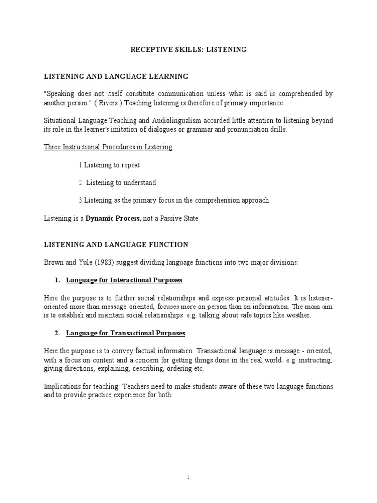 Receptive Skills: Listening | PDF | Reading Comprehension | Learning