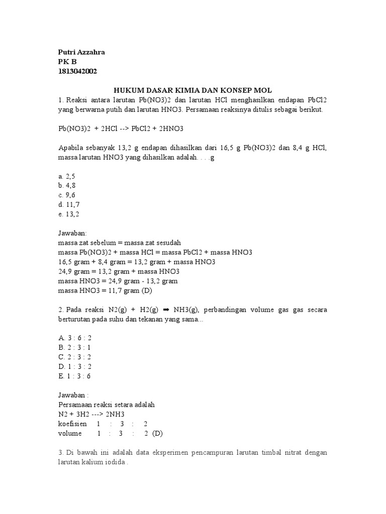 Soal Hukum Dasar Kimia - Putri Azzahra - PKB | PDF