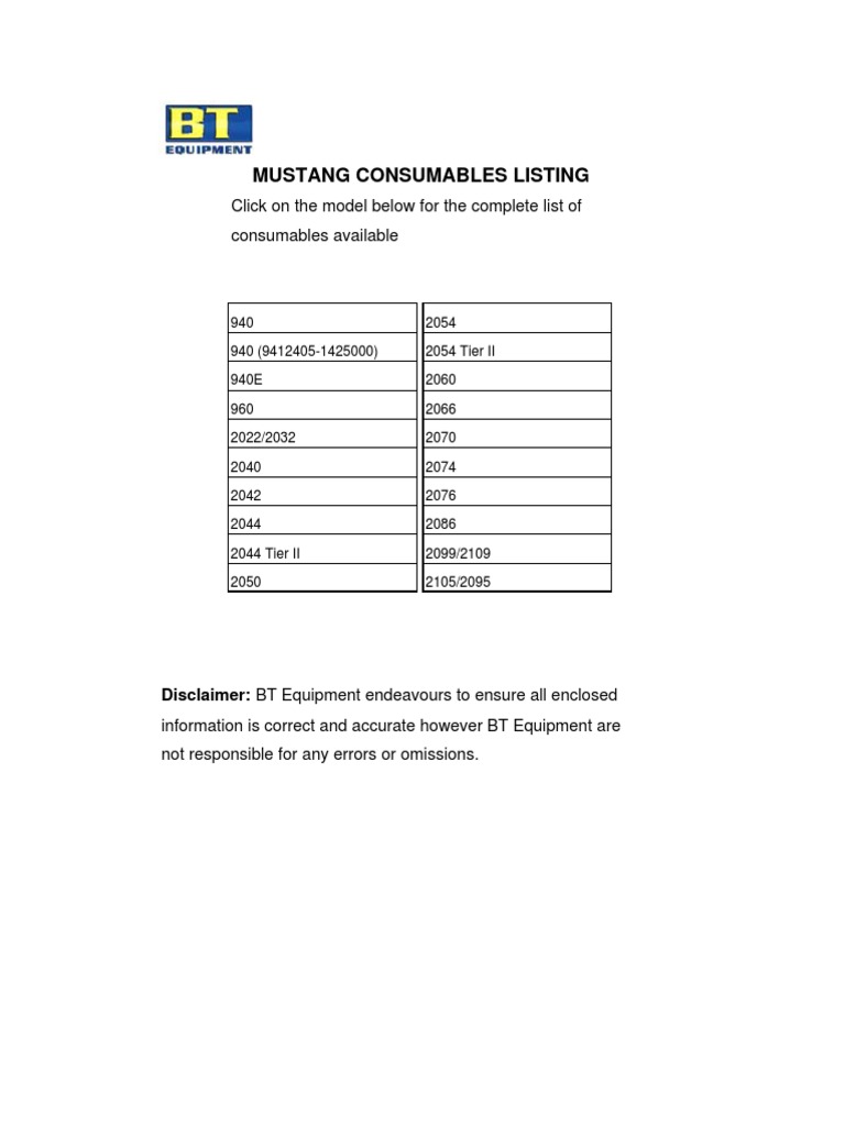 Mustang Consumables Listing: Click On The Model Below For The Complete ...