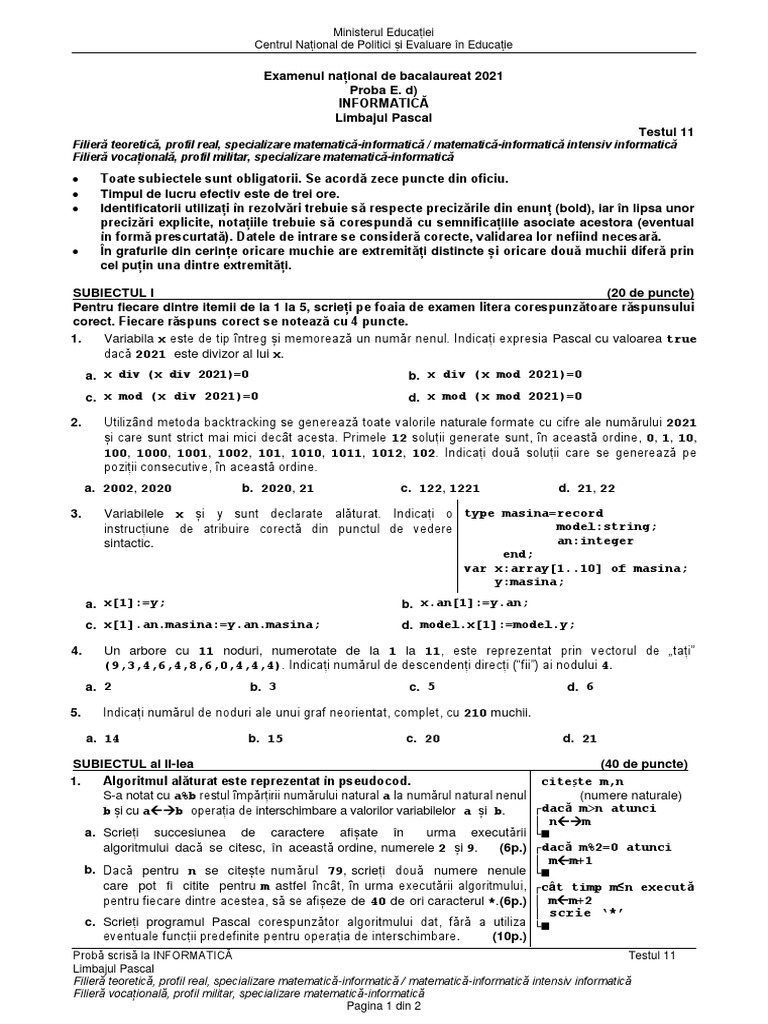 E D Informatica 2021 SP MI Pascal Test 11 | PDF