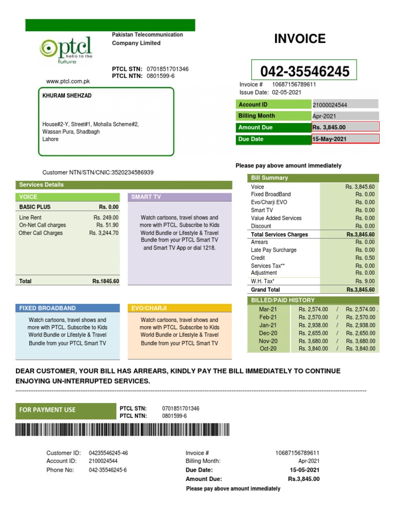 PTCL Invoice Summary for April 2021 | PDF | Telecommunications | Payments