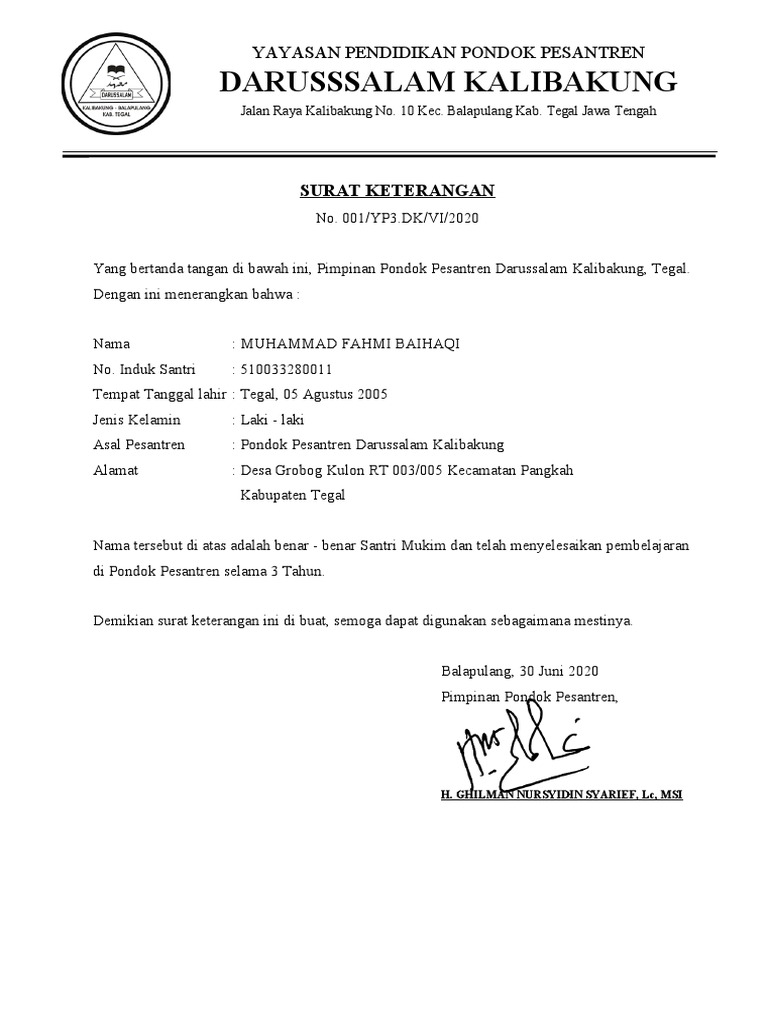 Surat Keterangan Santri | PDF