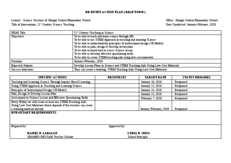 Re-Entry Action Plan (Reap Form) | PDF | Instructional Design | Teachers