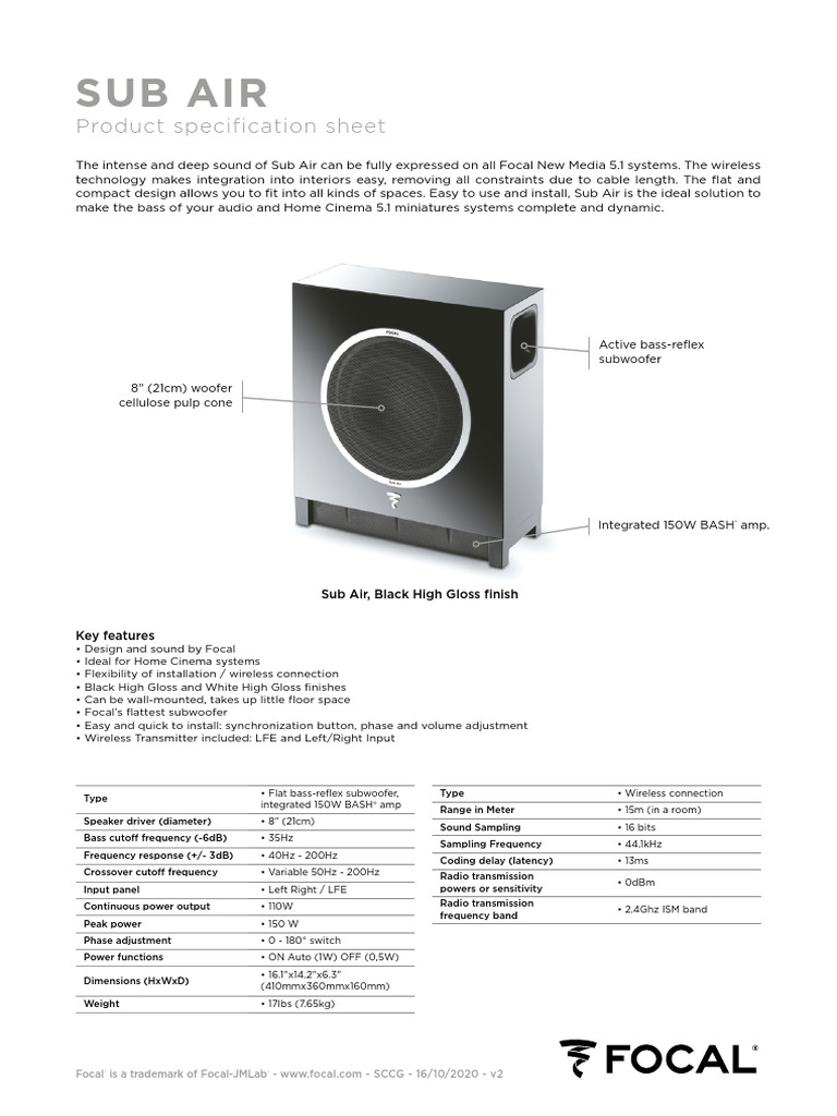 Sub Air: Product Specification Sheet | PDF | Loudspeaker | Sound