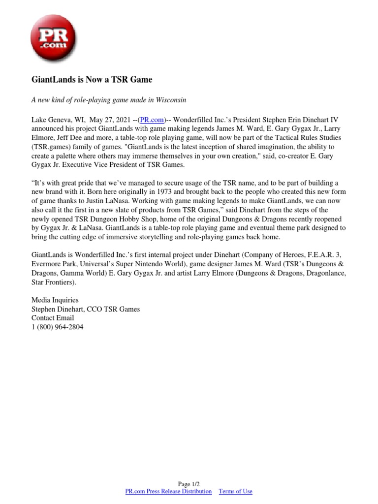 GiantLands Joins TSR Games Family | PDF | Tsr, Inc. | D20 System