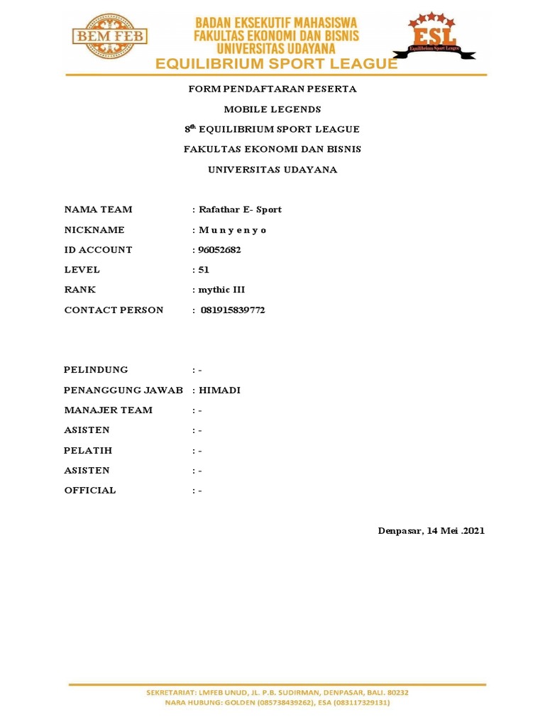 Formulir Pendaftaran Peserta Mobile Legends Tim 1 | PDF