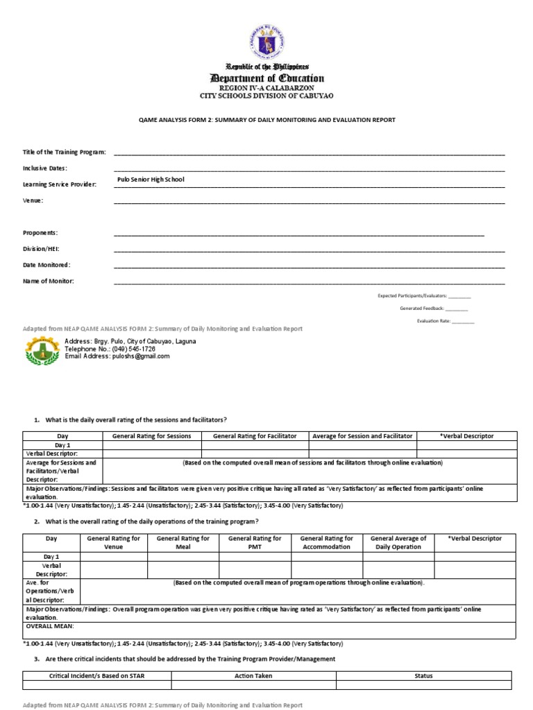 Qame Analysis Form 2: Summary of Daily Monitoring and Evaluation Report ...