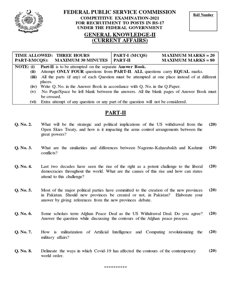 FEDERAL PUBLIC SERVICE COMMISSION EXAM 2021 CURRENT AFFAIRS MCQS | PDF ...