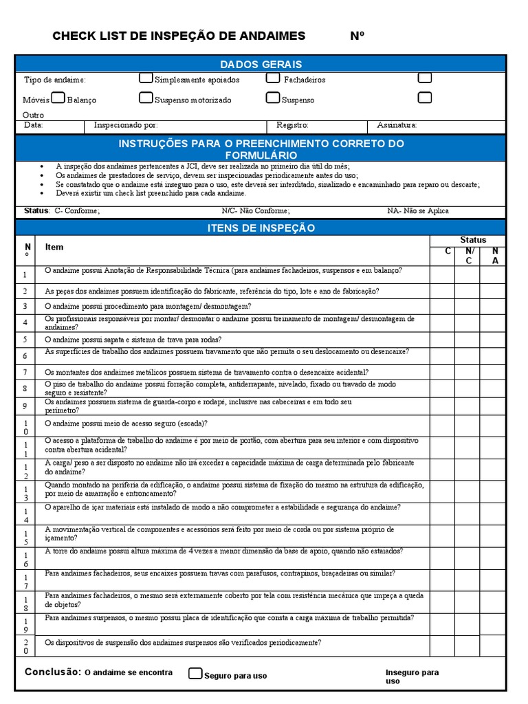 Check List de Inspeção de Andaimes | PDF | Andaime