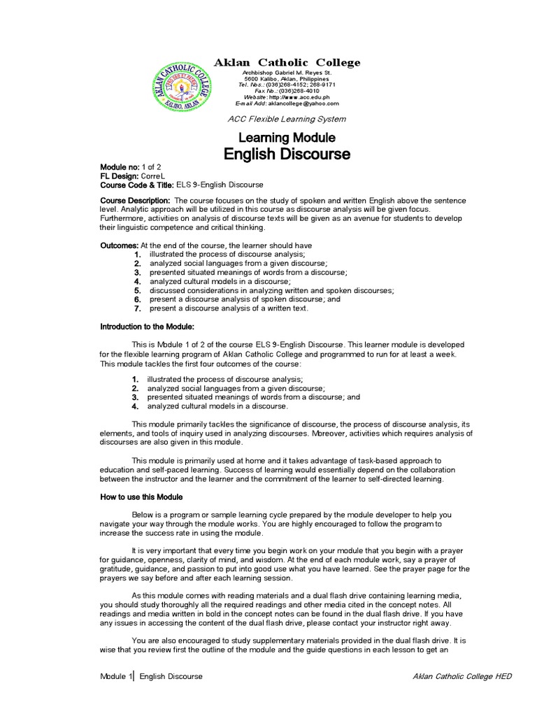 English Discourse Learning Module 1 | PDF | Discourse | Linguistics