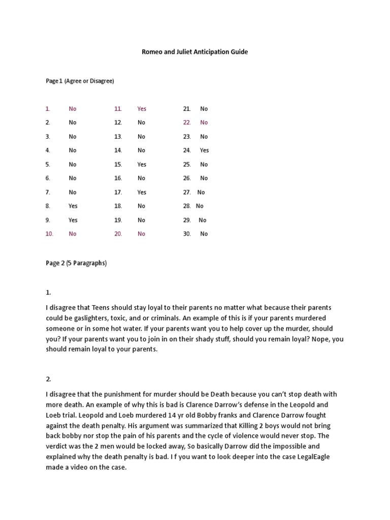 Romeo and Juliet Anticipation Guide | PDF | Violence
