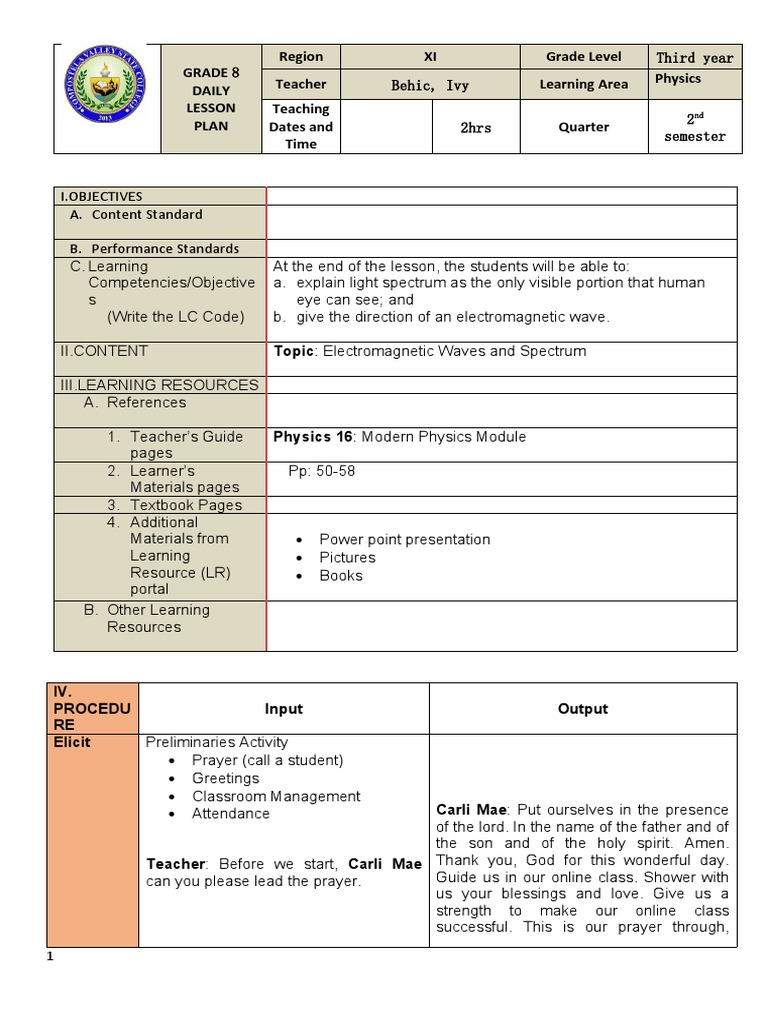 Behic Ivy Detailed Lesson Plan Electromagnetic Spectrum | PDF ...