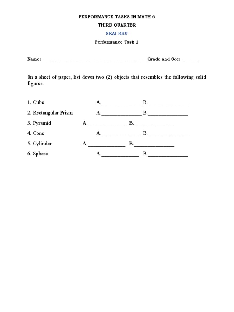 Performance Tasks in Math 6 Third Quarter: Skai Kru | PDF | Area | Geometry
