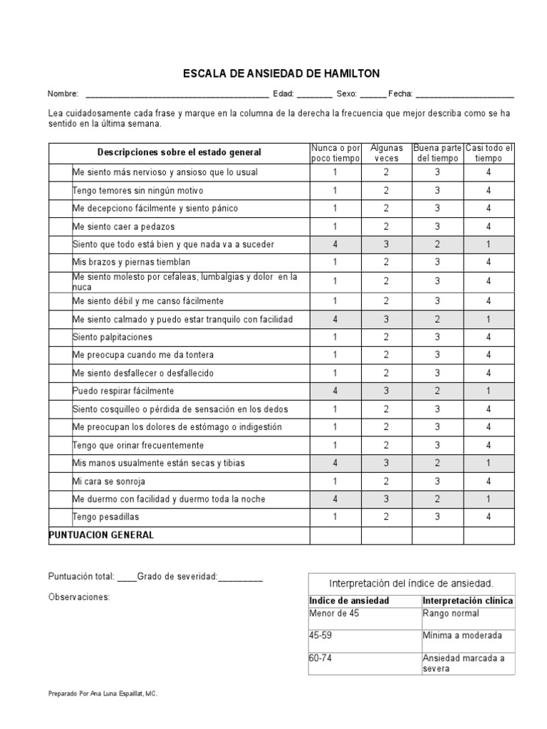 Escala de Ansiedad de Hamilton | PDF | Enfermedades y trastornos ...