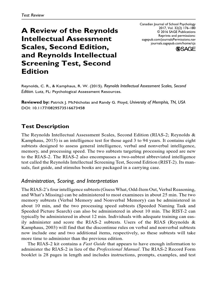 A Review of The Reynolds Intellectual Assessment Scales, Second Edition ...