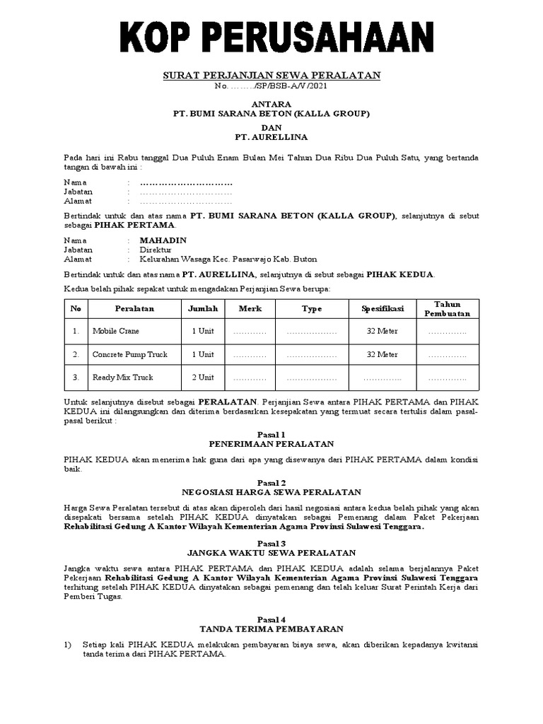 Surat Perjanjian Sewa Peralatan Alat Berat1 | PDF