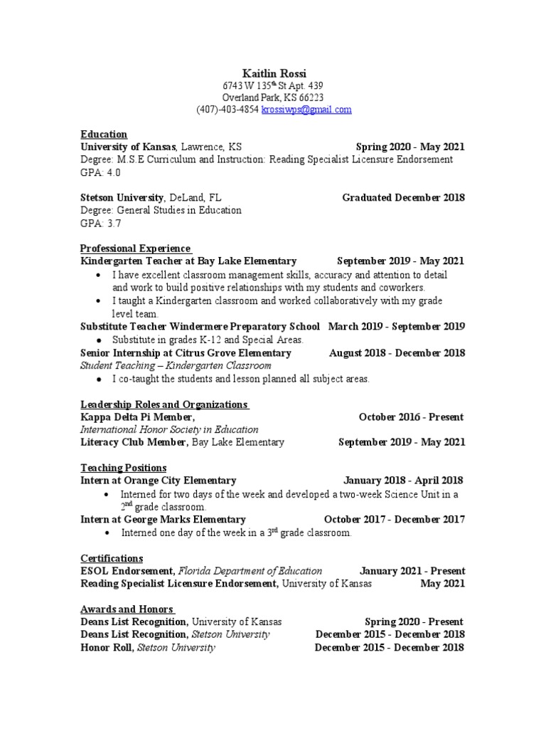 Kaitlin Rossi: Education & Teaching Experience | PDF