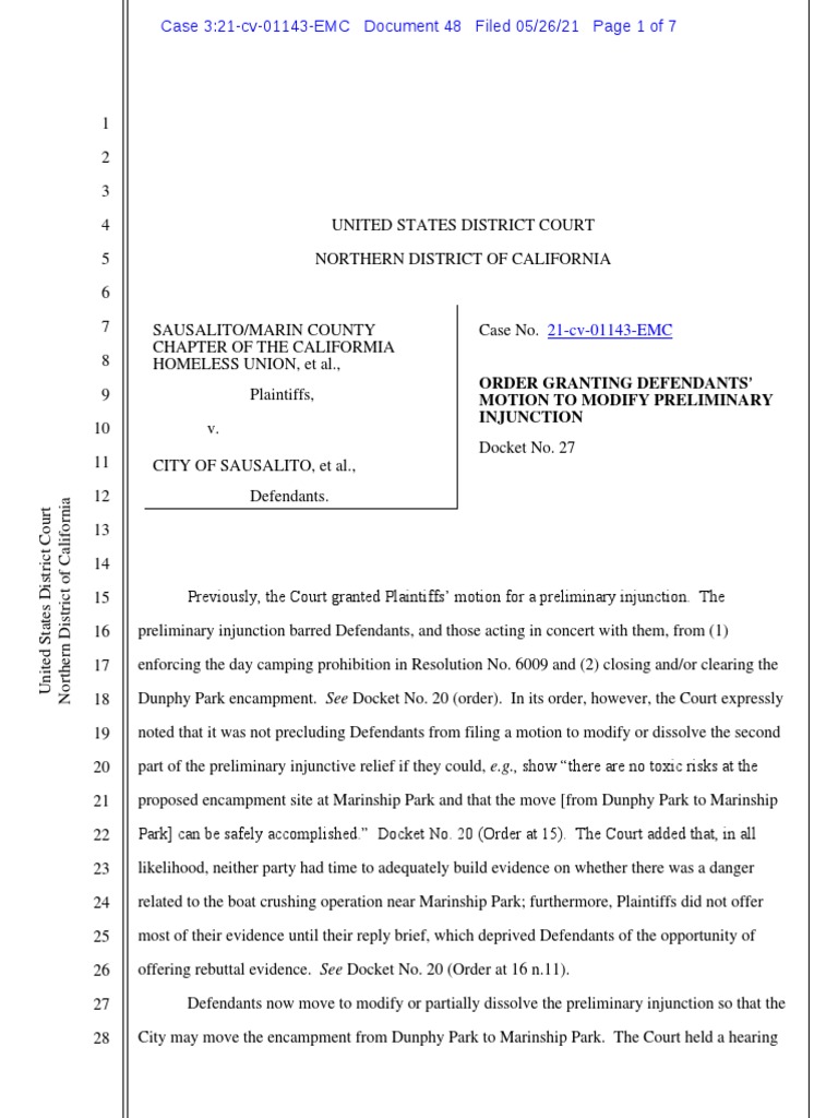 Order Granting Defendants' Motion To Modify Preliminary Injunction | PDF