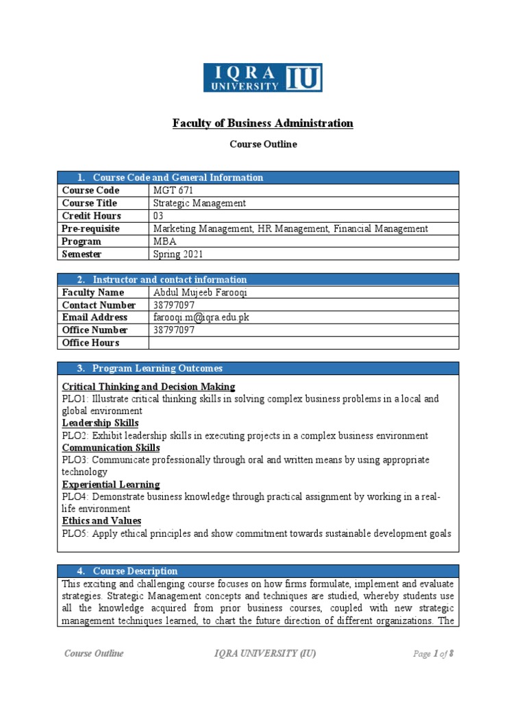 Strategic Management. Course Outline. Spring 2021 | PDF | Lecture ...