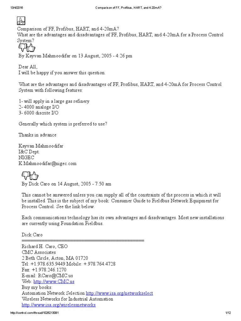 Comparison of FF, Profibus, HART, and 4-20ma | PDF | Electronics ...