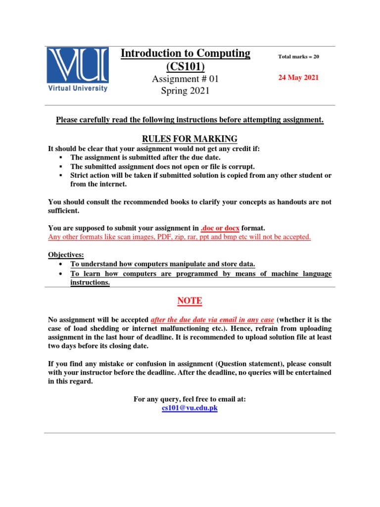 Introduction To Computing (CS101) : Assignment # 01 Spring 2021 | Download Free PDF | Computer ...