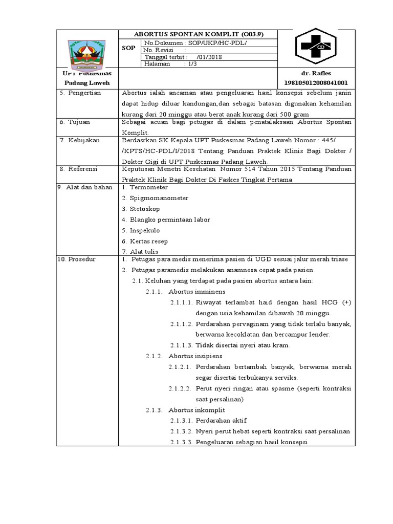 Sop Abortus Komplit Spontan PDL Ok | PDF