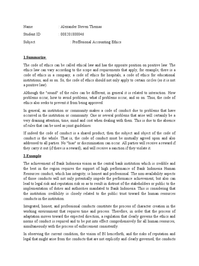 Summarize, Example, Conclusion Code of Conduct in Indonesia | PDF ...