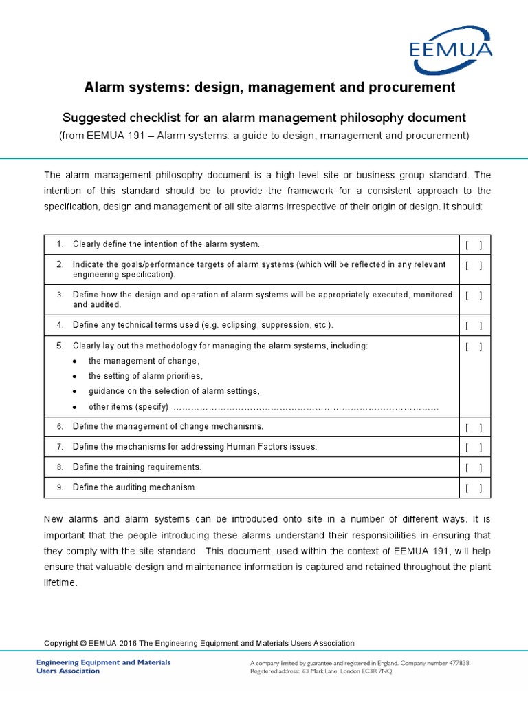 Alarm Systems: Design, Management and Procurement: Suggested Checklist ...