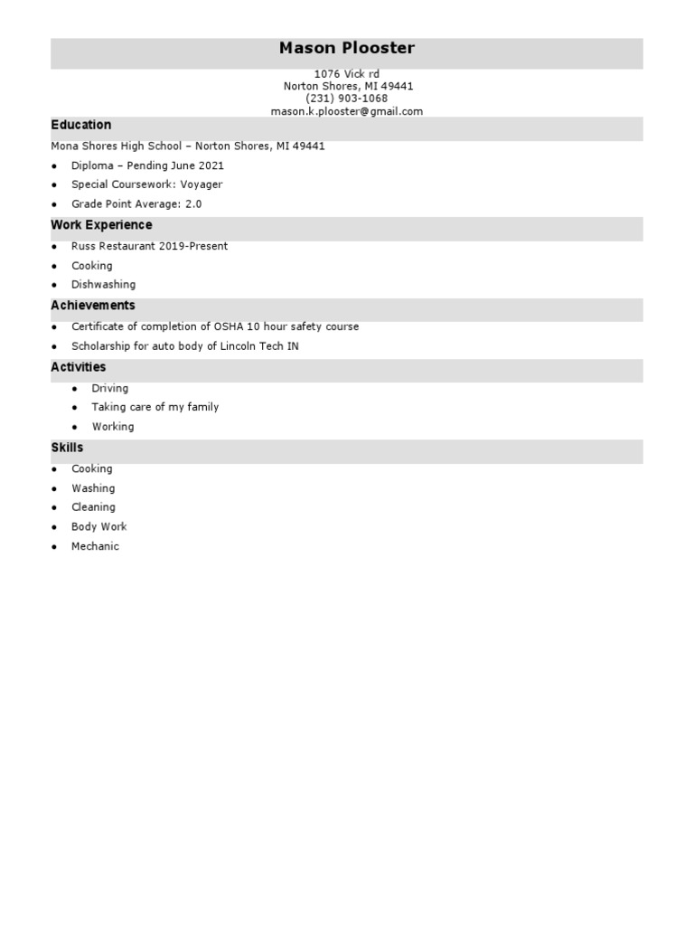 Mason Plooster's Resume Overview | PDF