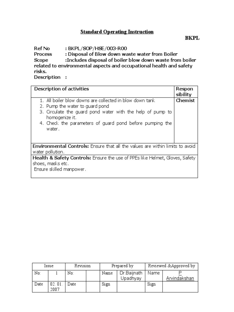 SOP For Disposal of Blowdown Waste Water From Boiler | PDF | Science ...