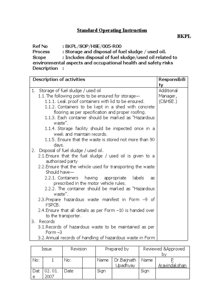 SOP For Disposal of Fuel Sludge | PDF | Hazardous Waste | Personal ...