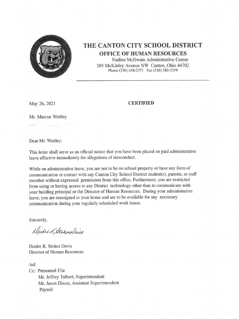 Canton City Schools Letter To McKinley Head Football Coach Marcus ...