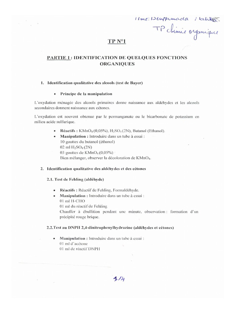 TP N°1 Identification de Quelques Fonctions Organiques | PDF
