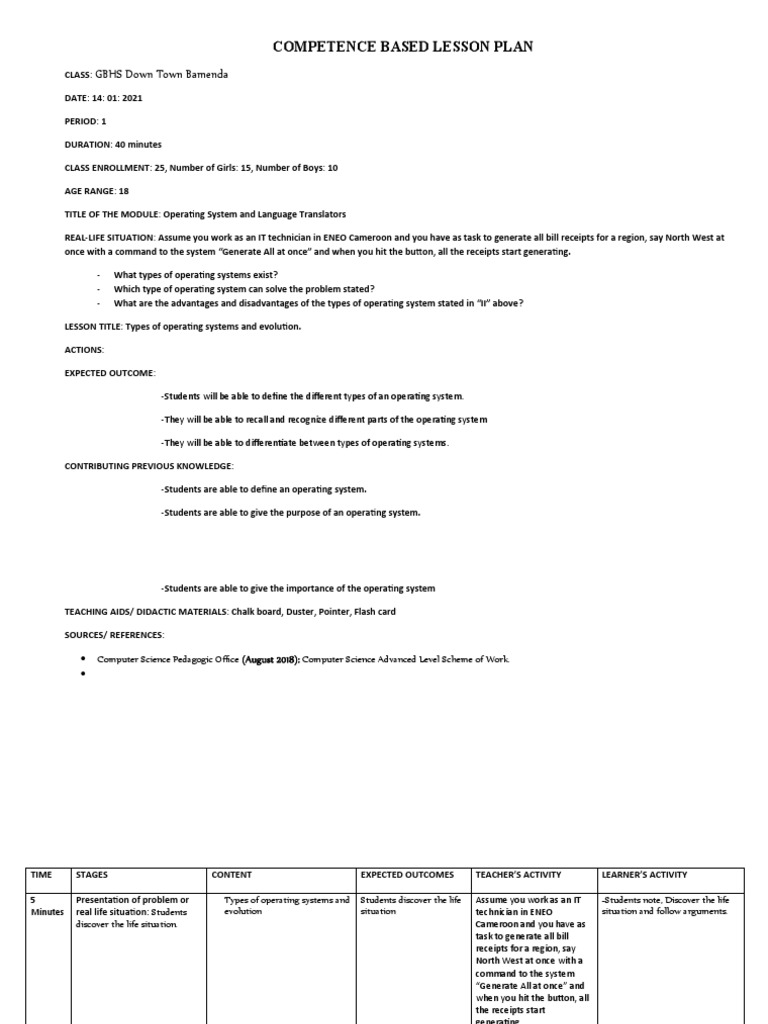 Competence Based Lesson Plan: GBHS Down Town Bamenda | PDF | Lesson ...