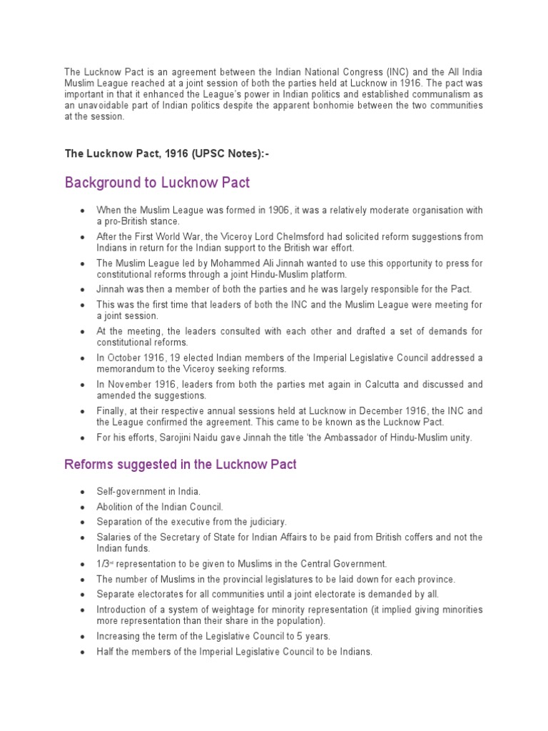 Background To Lucknow Pact | PDF | All India Muslim League | Muhammad ...