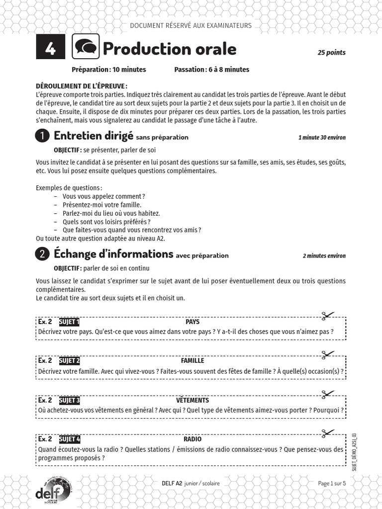 DELF A2 Scolaire Et Junior Sujet 1 Production Orale | PDF | France