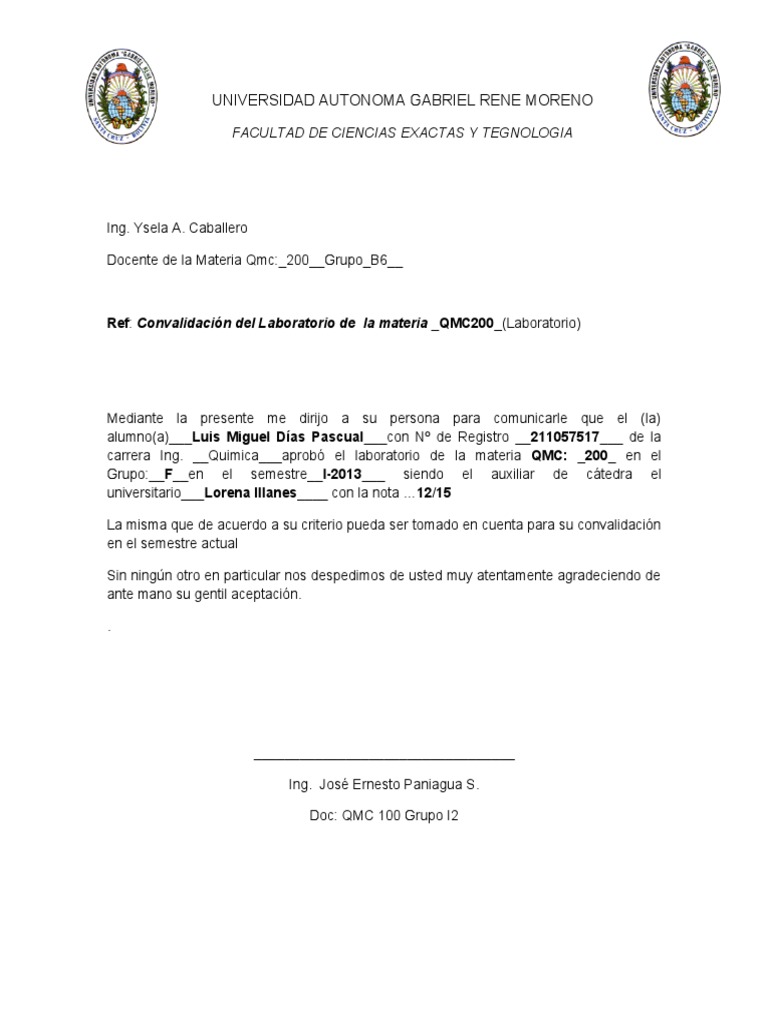 Carta de Convalidacion de Lab | PDF