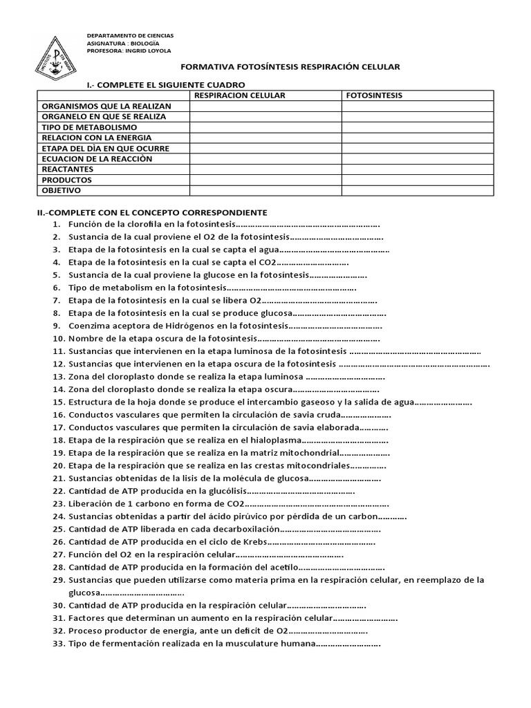 Fotosíntesis y Respiración Celular | PDF | Respiración celular ...